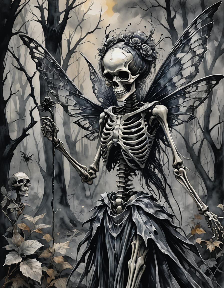 evil fairytale horror skeletal fairy black and grey ink - AI Generated ...