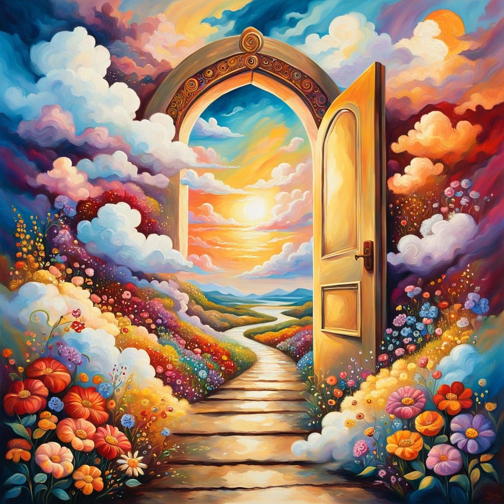 A whimsical painting depicts a doorway leading to an ethereal path of clouds, inviting viewers ...