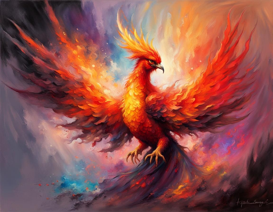 a blazing phoenix with sparkling wings in a blaze of fire, colorful, in ...