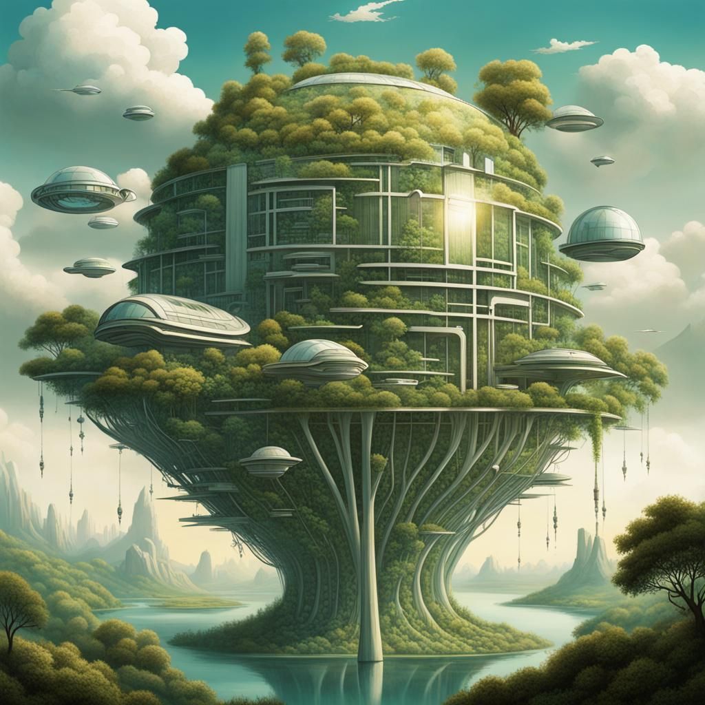 utopian future where man machine and nature live in harmony - AI ...