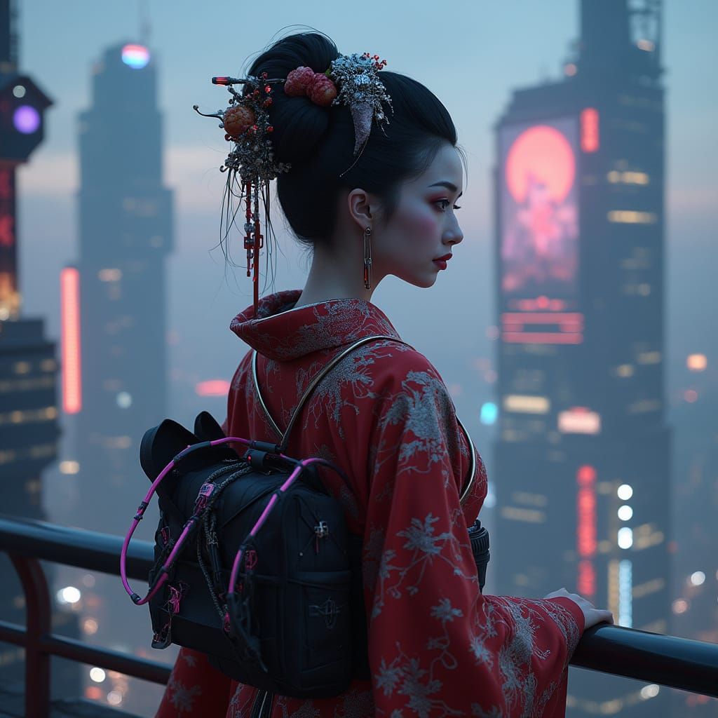 Cyber Geisha Shines Against Dark Cityscape in Futu... - AI Art