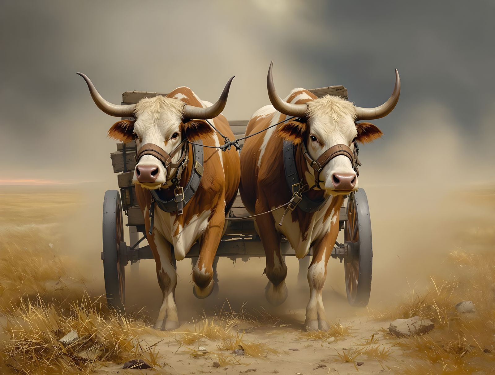 Yoked Together - Oxen in a Wind Storm, Oil Portrait