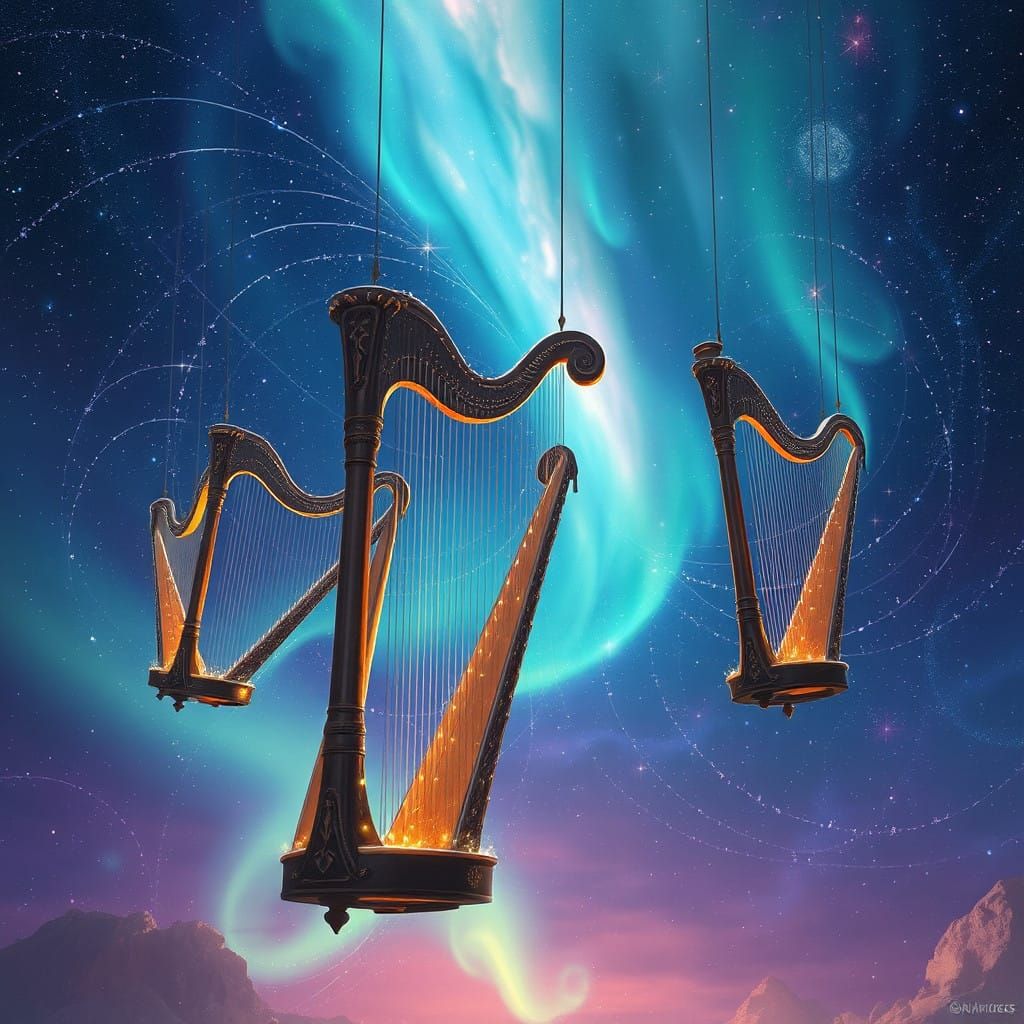 Ethereal Harps in Cosmic Harmony - AI Art