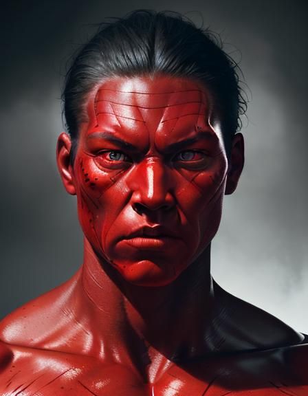 Red man, beautiful red face and red eyes, Red skin, red massive muscle ...
