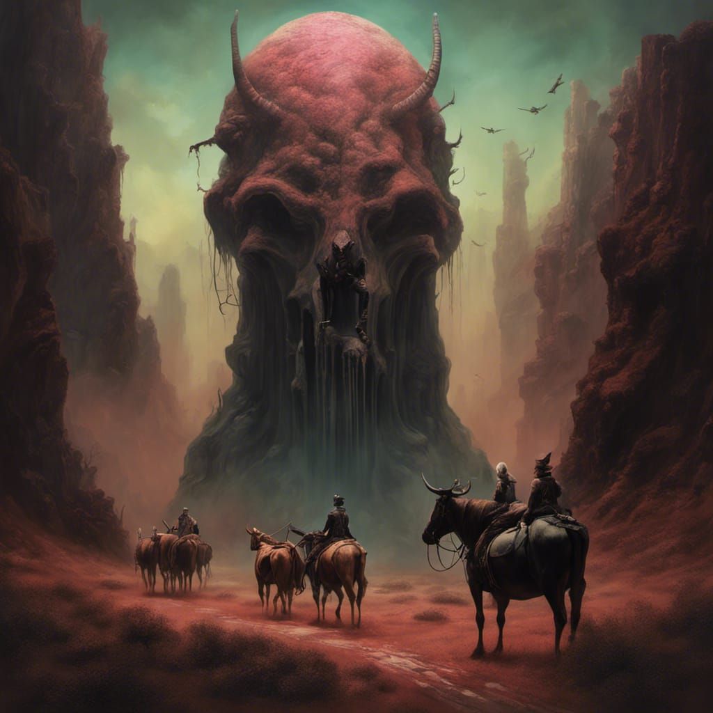 Cowbys riding through a lanscape with giant monolith. Horror landscape ...