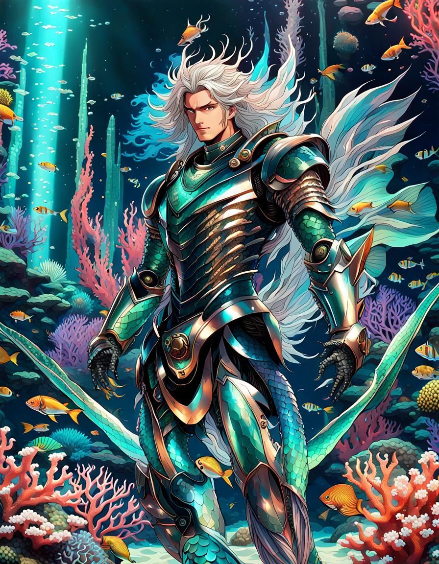 (beautiful anime portrait of a robot handsome masculine merman with ...