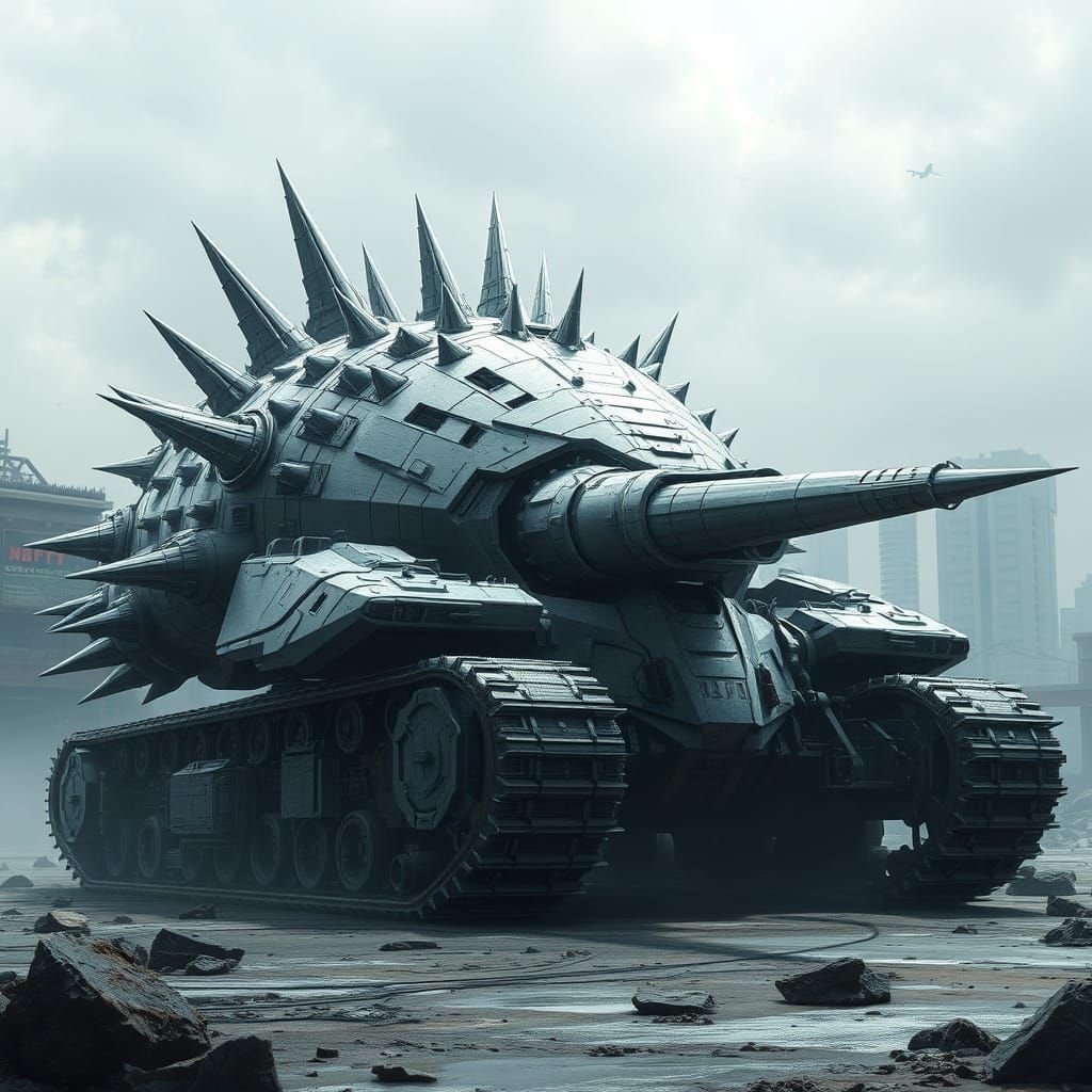 Giant Alien Sci-Fi Tank with Jagged Spikes in Futu... - AI Art