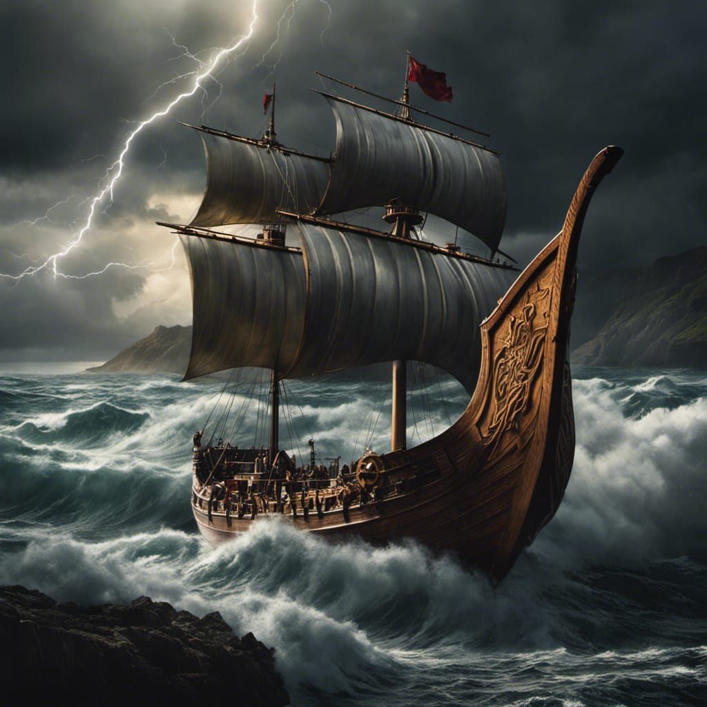 Expertly crafted large Viking ship, backlit with lightening storm ...