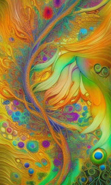 DNA Regeneration of Embroidered and crochet Lace flowers, colorful ink ...