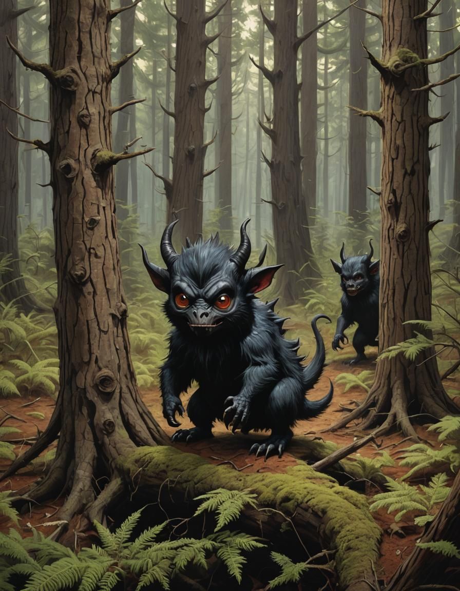 cute baby jersey-devil cryptid spooky pine forest - AI Generated ...