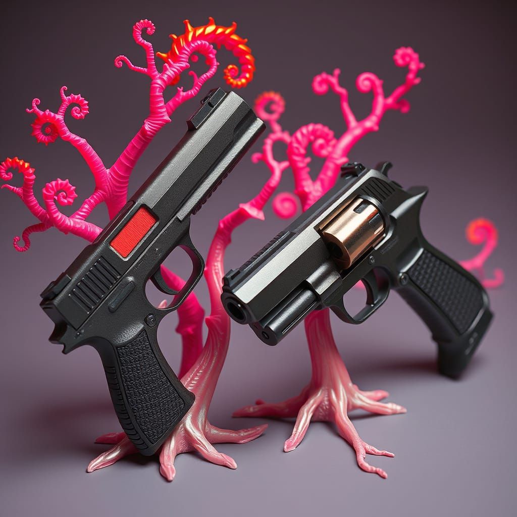 Futuristic 3D Printed Guns Merge with Vibrant Mand... - AI Art