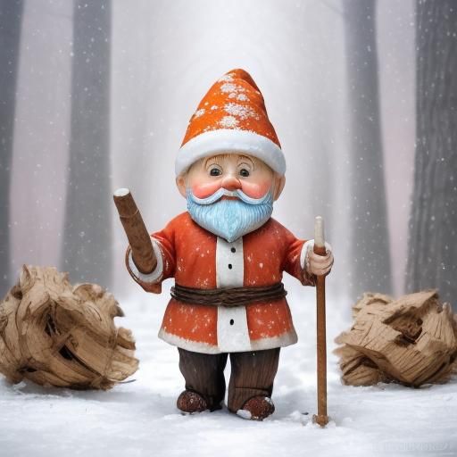 a kind adorable little knome with big blue eyes with a wooden cane in ...