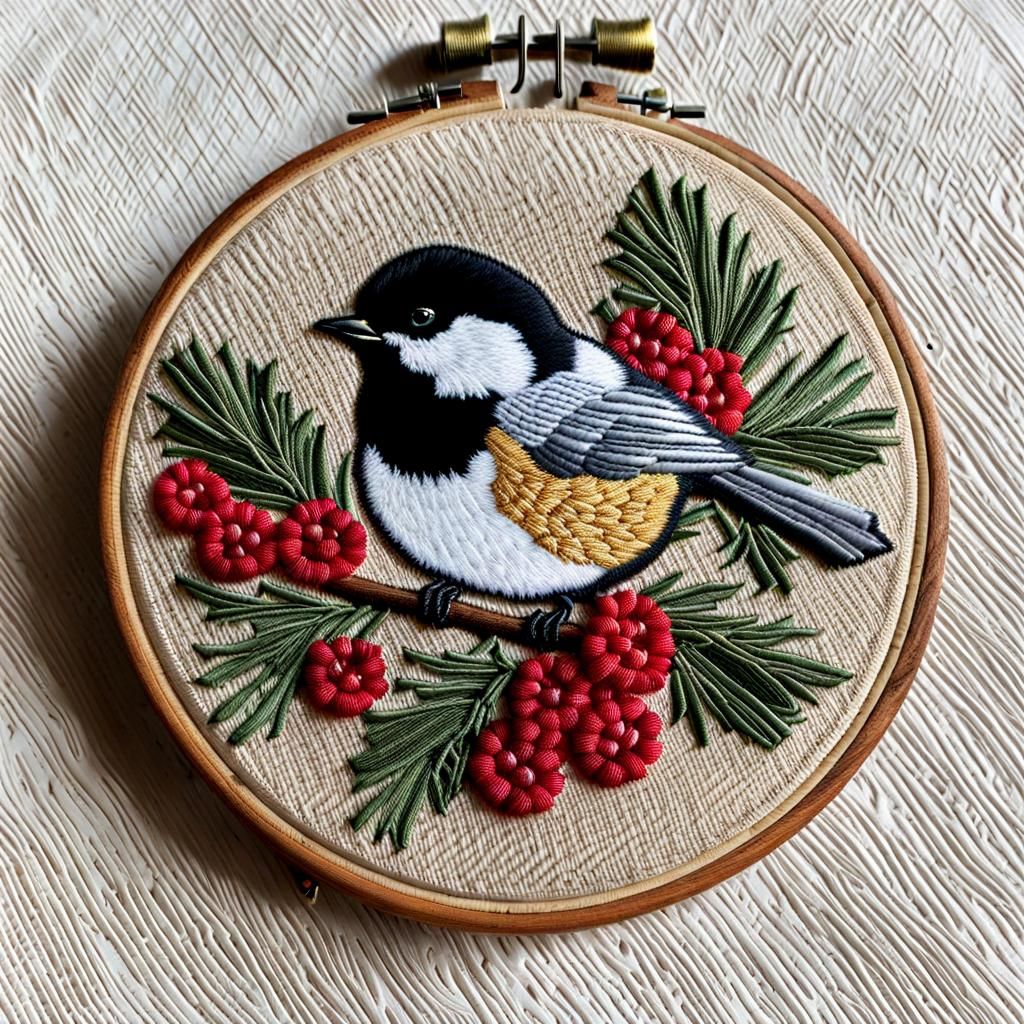 An embroidered chickadee on a pine tree branch with berries. - AI ...