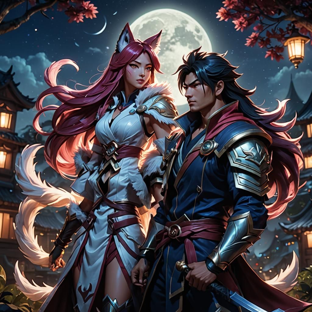League of Legends Ahri and Yasuo under the moonlight - AI Generated Artwork - NightCafe Creator