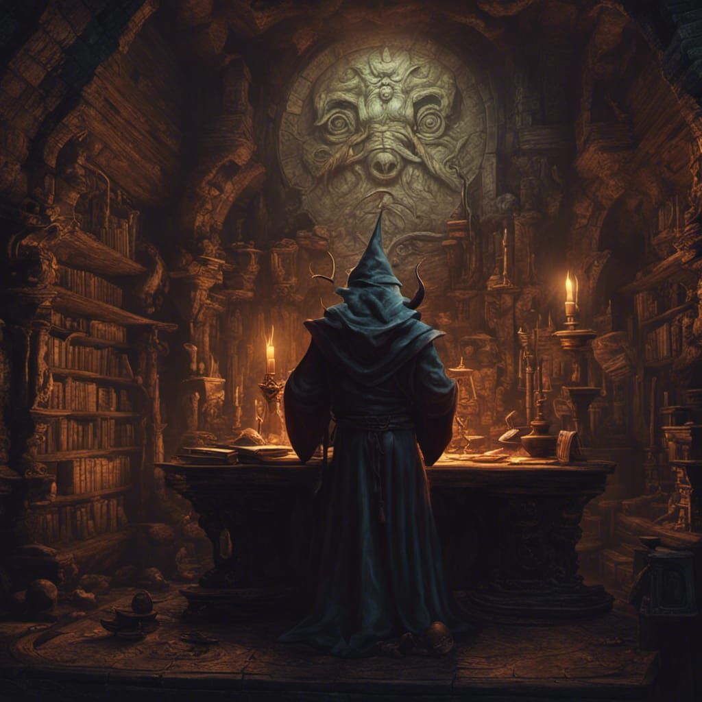 a half demon wizard studies in his hidden sanctum - AI Generated ...