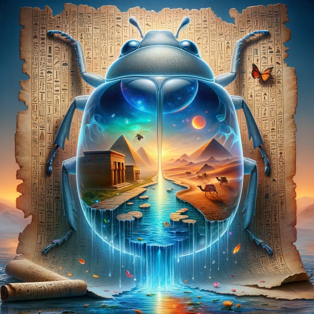 Scarab on a papyrus with an Egyptian scene within its back