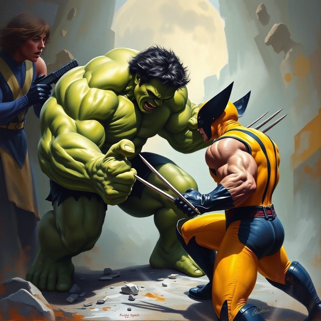 Wacky result - Epic Hulk vs Wolverine Oil Painting