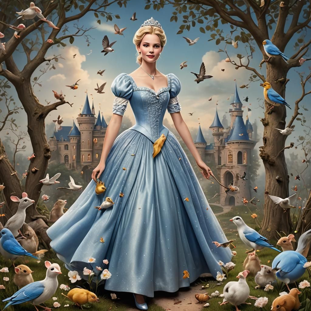 Realistic Cinderella with the mice and birds surrounding her. - AI ...