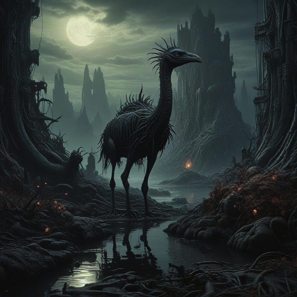 Cyberpunk Biomechanical Emu Ascends from Obsidian ... - AI Art