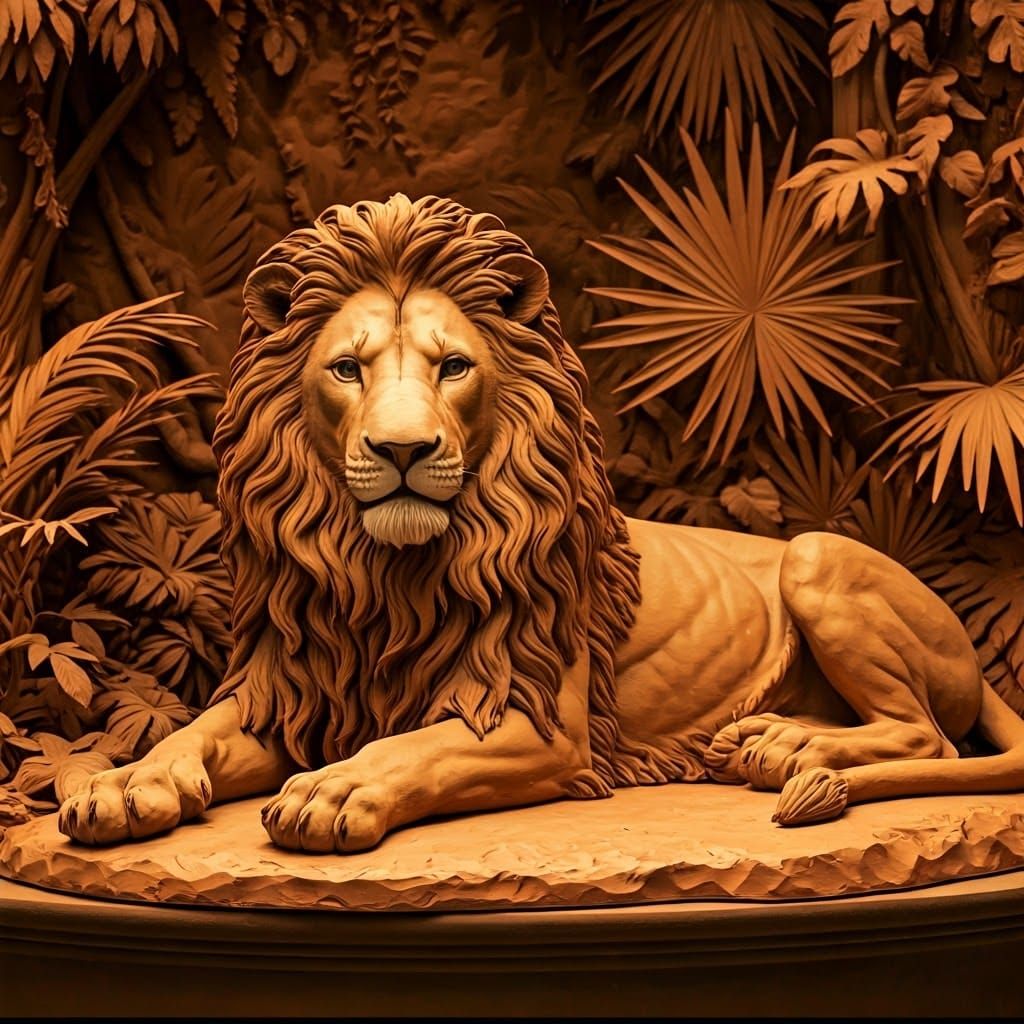 Clay Lion - Realistic Clay Lion Sculpture Amidst Jungle Land...