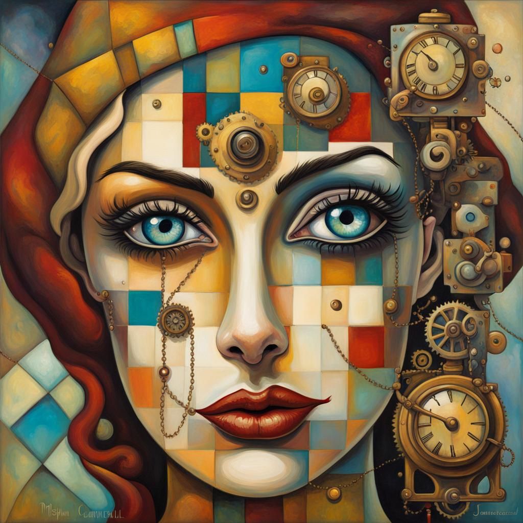 Steampunk harlequin Surreal Patchwork of a Woman, with big colorful ...