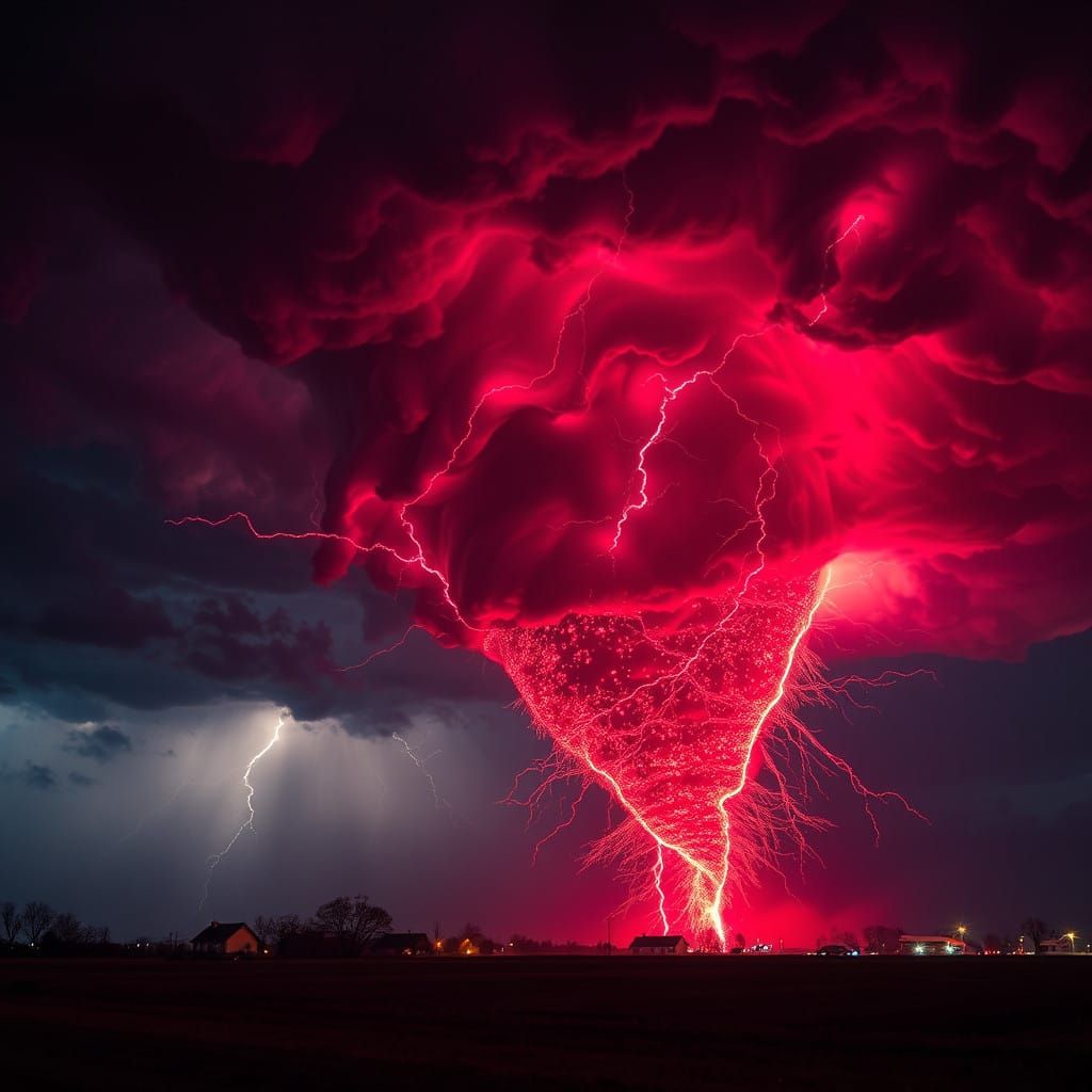 Thunderstorm with red-hot tornado of power and lightning
