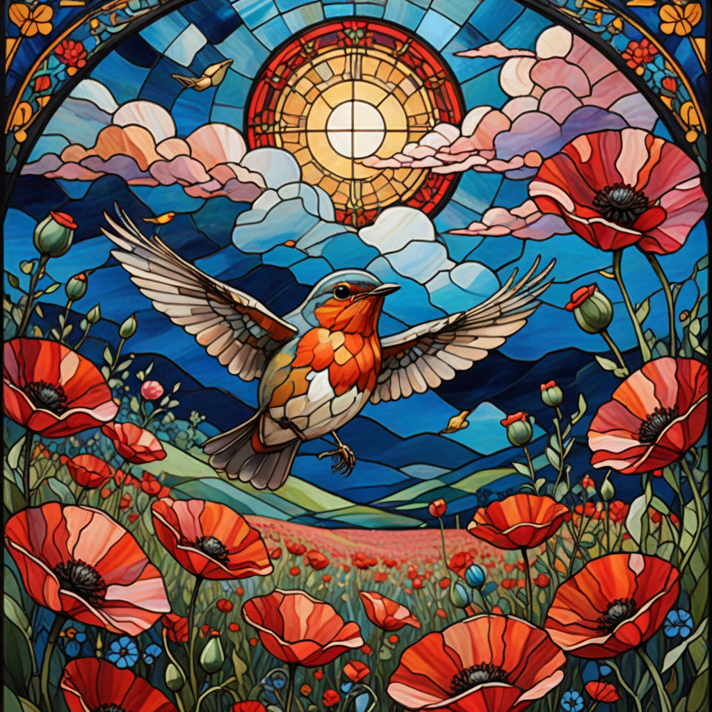 stained glass rosette depicting in warm colors a cute robin flying over ...