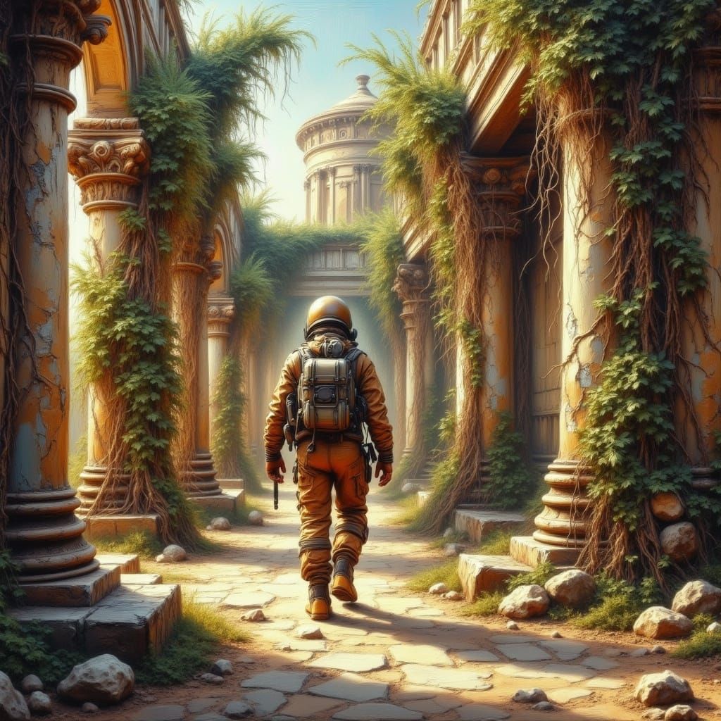 Astronaut Amidst Ancient Ruins in Golden Light - AI Art