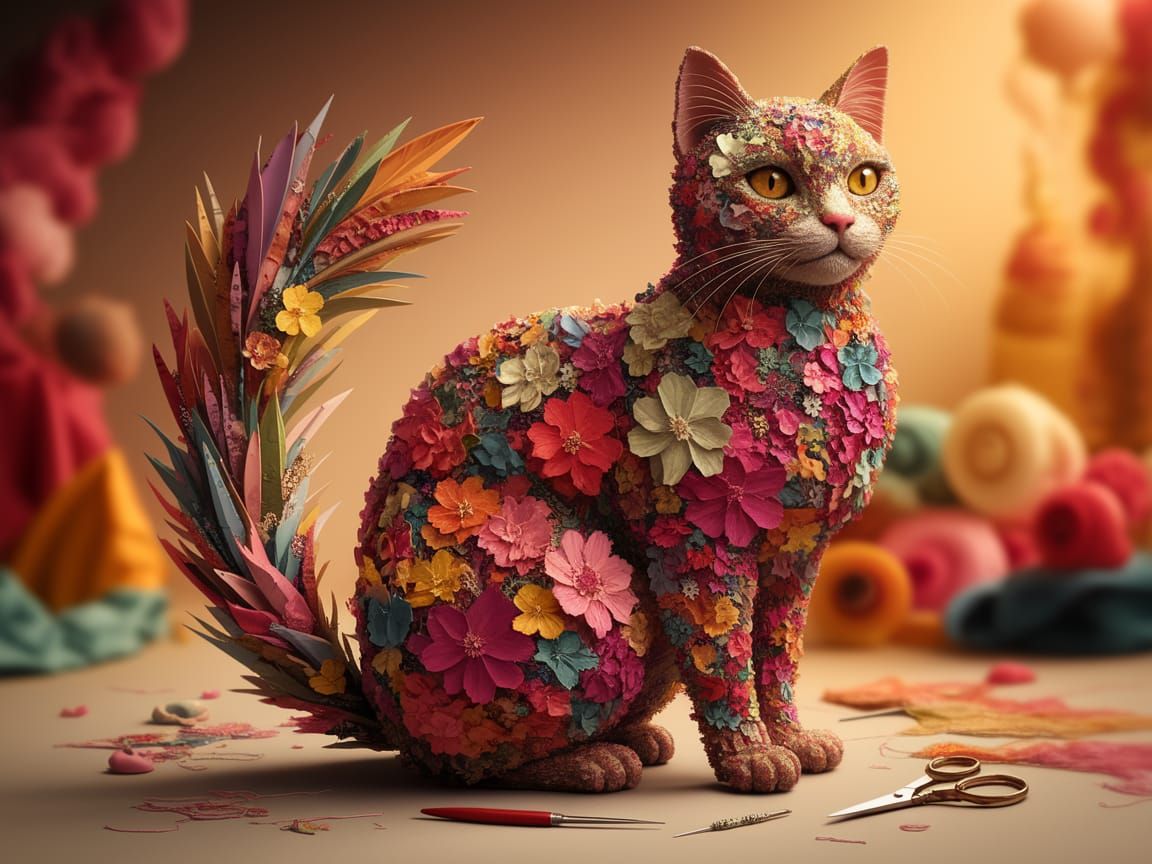 Hand stitched fabric cat - Vibrant Textile Cat in Elegant 3D...