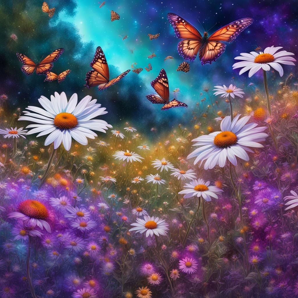 Cosmic Daisies & Butterflies - AI Generated Artwork - NightCafe Creator
