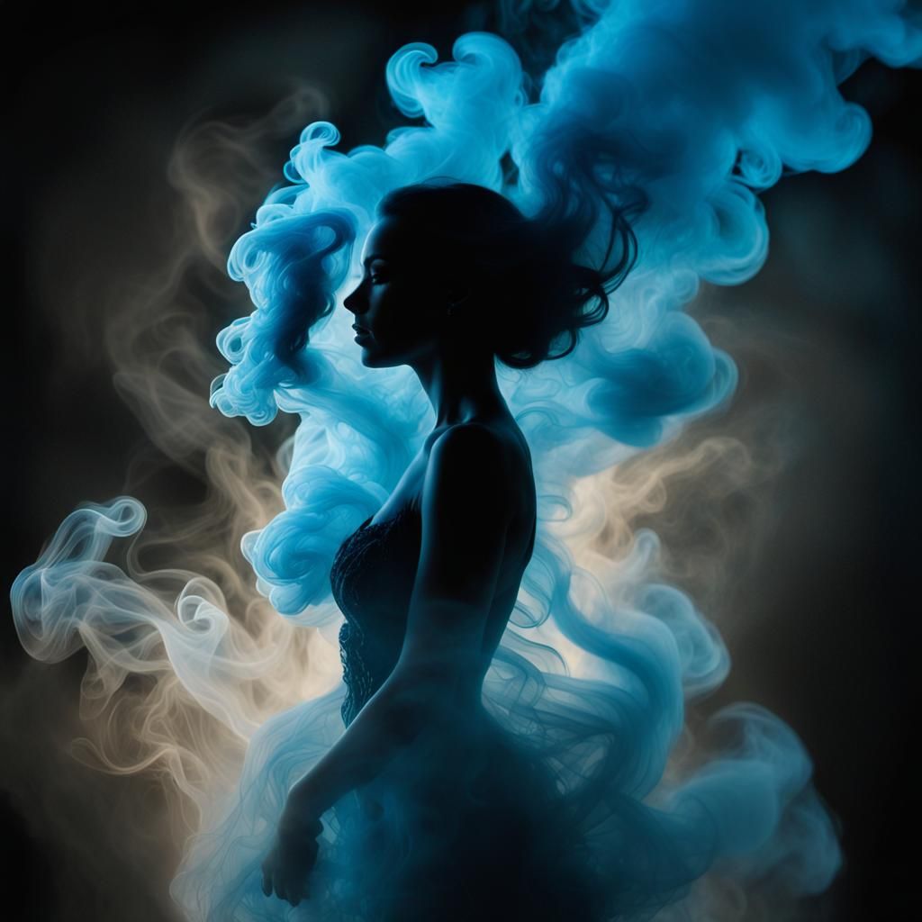 A beautiful female silhouette dissolving into smoke. Ethereal, fluid ...