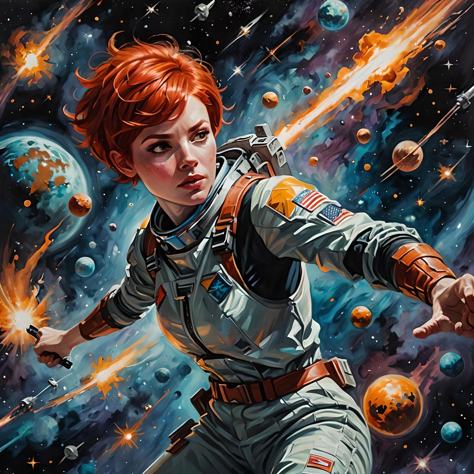 Redhead girl with a pixie cut fighting a battle in space, cosmic oil on canvas - AI Generated ...