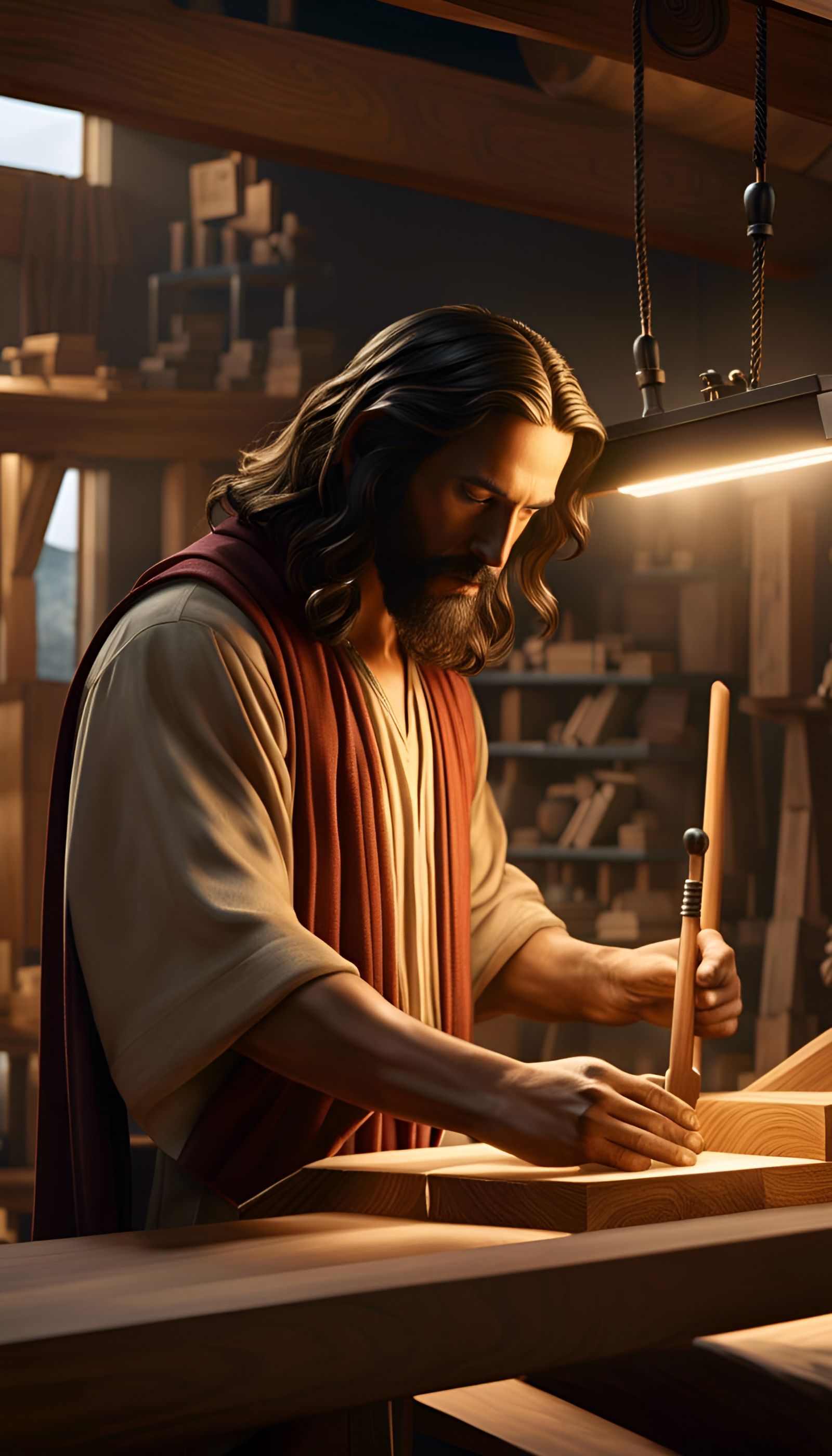 Jesus working in a modern wood shop , Christ, ultra Hd, 8k resolution ...