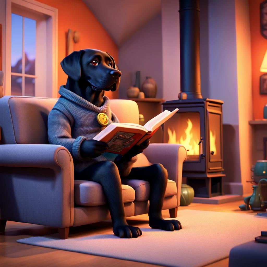 A black labrador wearing human clothes, reading a book in a sofa, cosy ...
