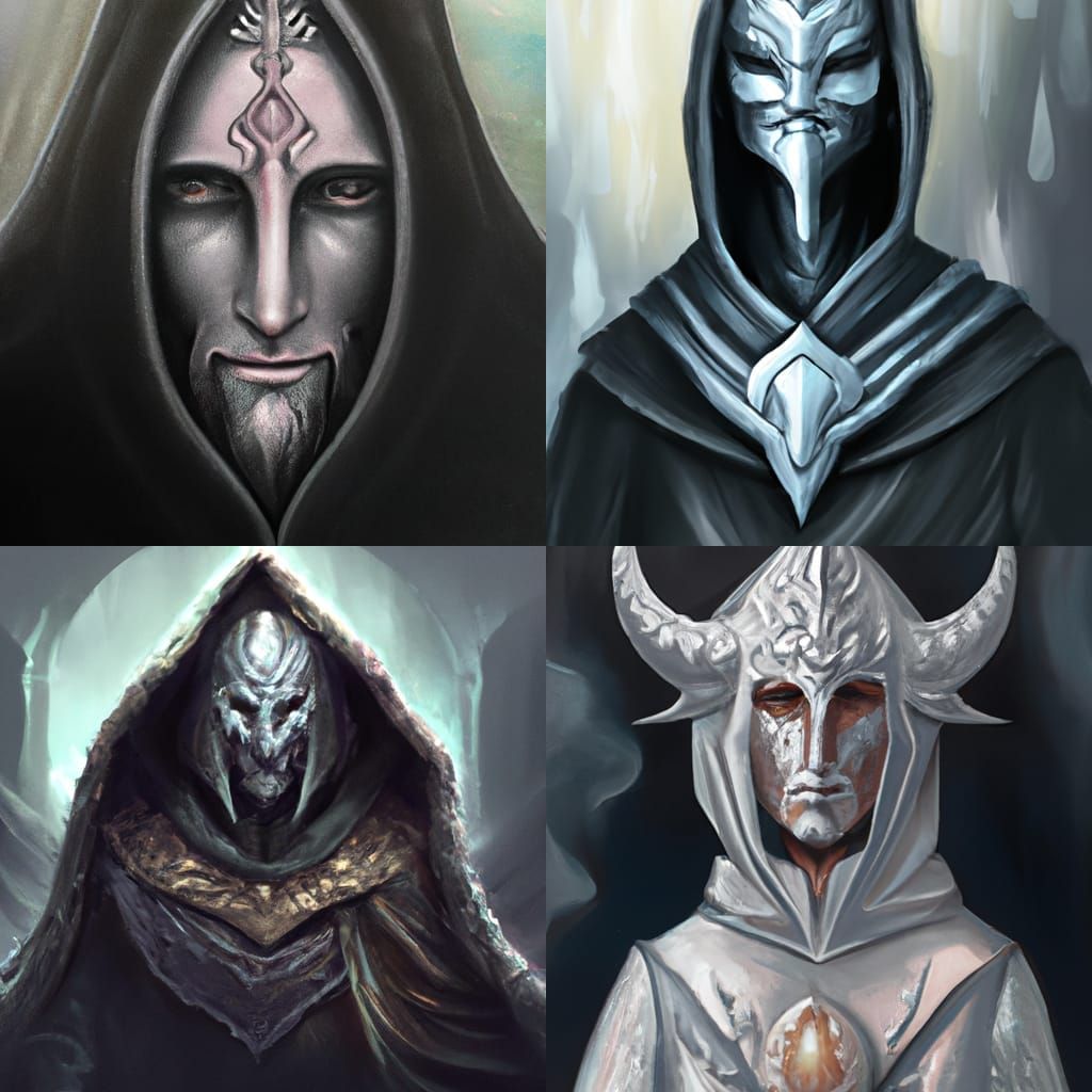 Painting of a man wearing a silver demon mask and cloak, portrait ...