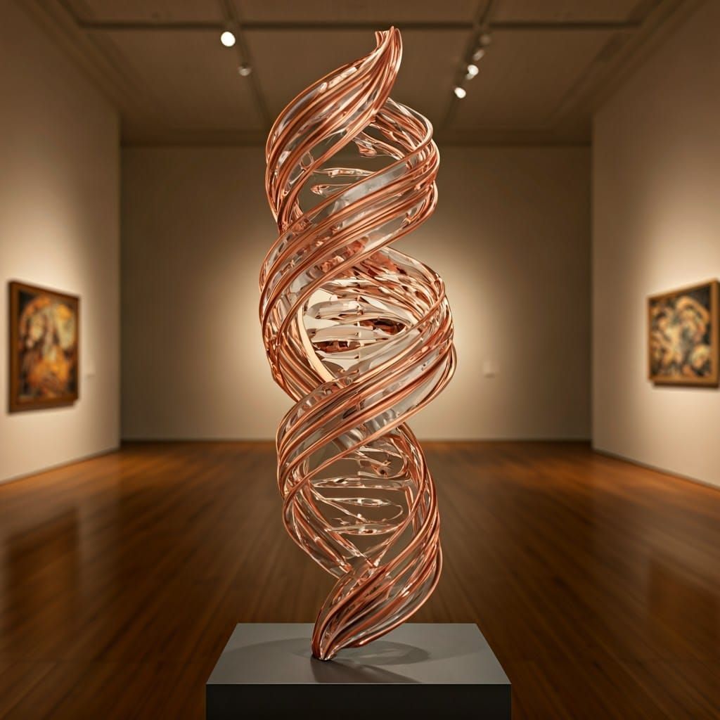 Abstract double helix DNA statue in art gallery...