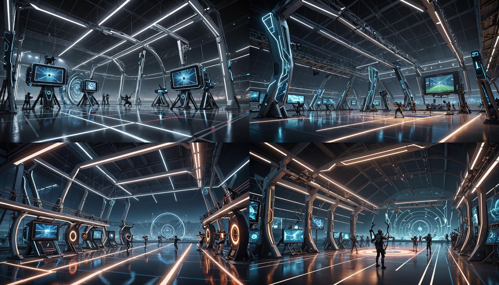 futuristic archery-themed scene featuring a high-tech sports facility at night. The setting ...
