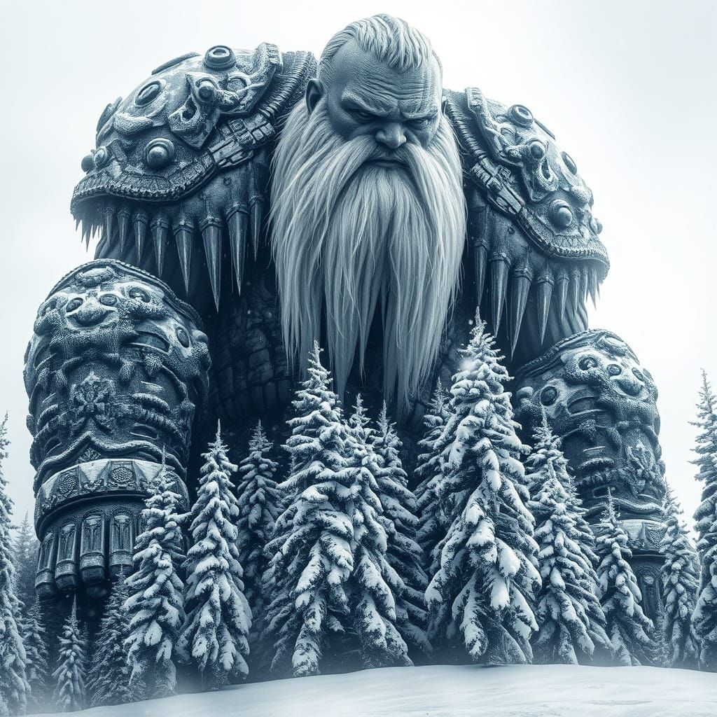 Colossal Ice Giant in Snowy Forest - AI Art