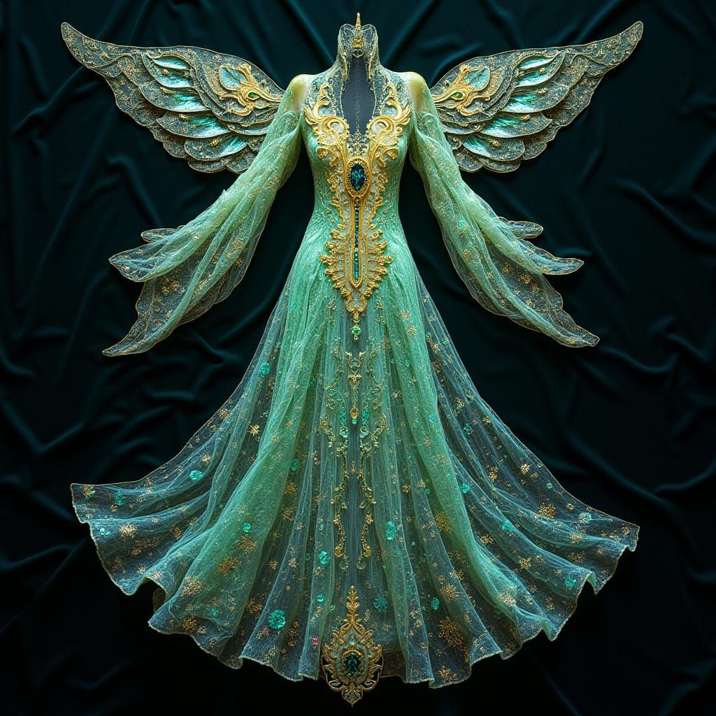 Ethereal Fae-Robe in Emerald, Opal, and Ruby Hues - AI Art