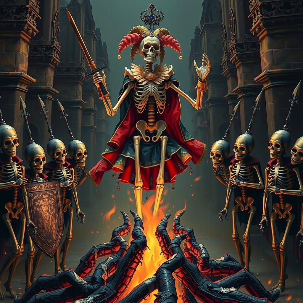 A lavishly dressed skeleton of the King's court jester, resplendent in ...