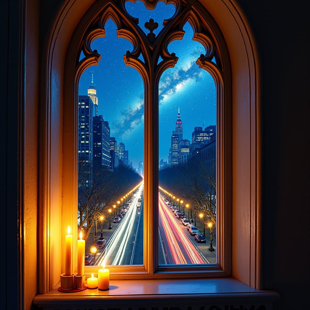 Hyper-realistic beautiful ornate gothic window of apartment looking ...