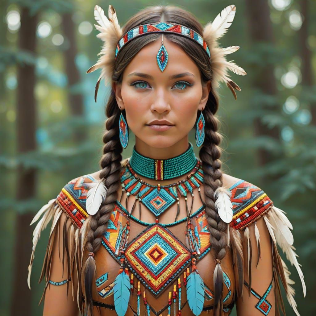 Native American Princess in Folk Art Oil Painting - AI Art