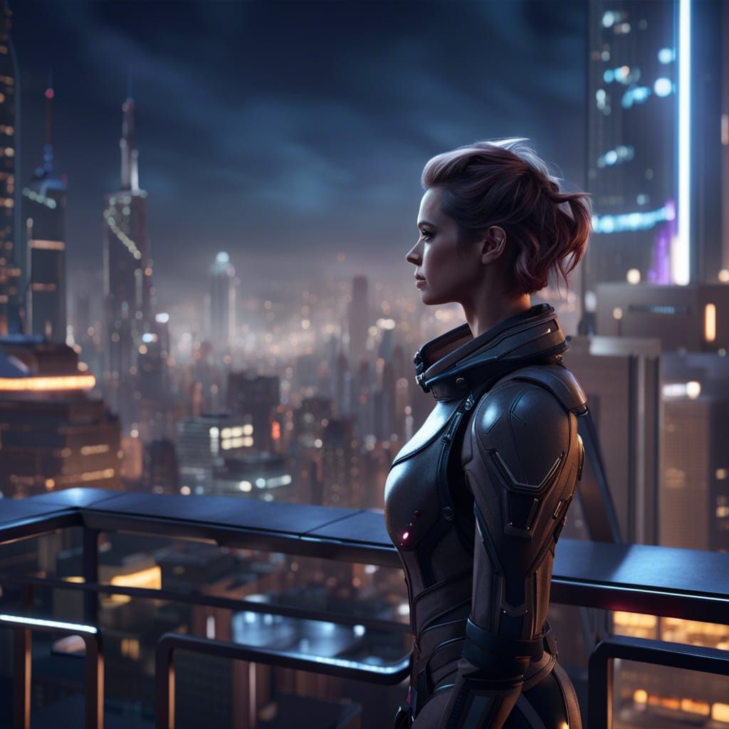 Sci-fi woman standing on balcony overlooking a sci-fi city at night ...