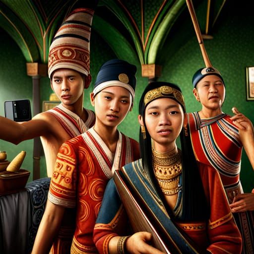 Group of ancient Indonesian people playing music together and is taking ...