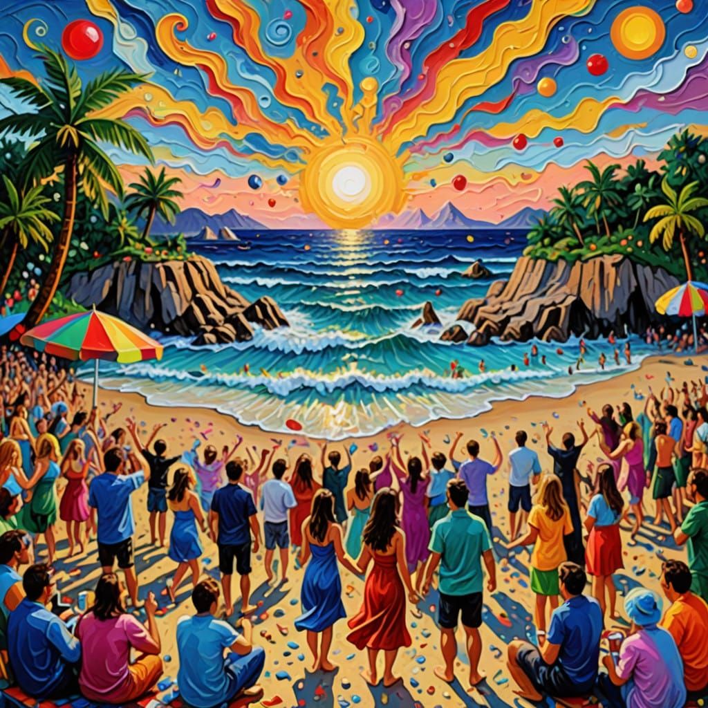 Psychedelic Beach Celebration in Vibrant Impasto S... - AI Art