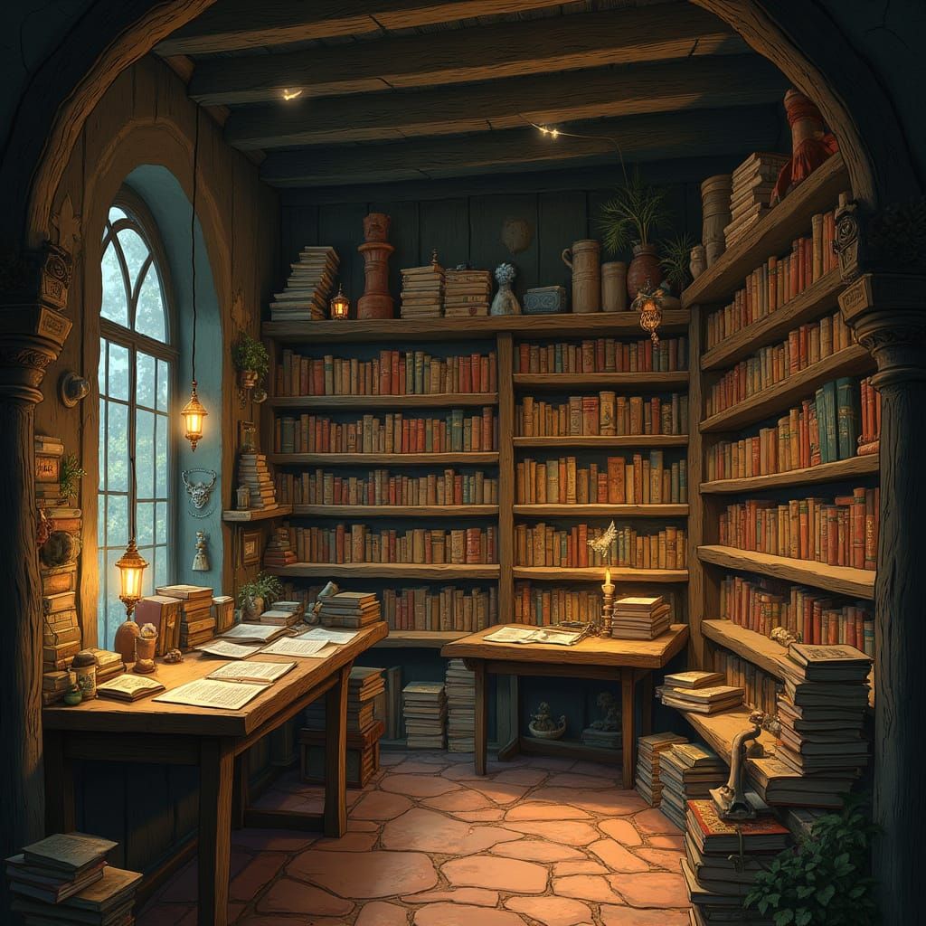 The workshop - Mystical Fantasy Bookstore in Warm, Ethereal...