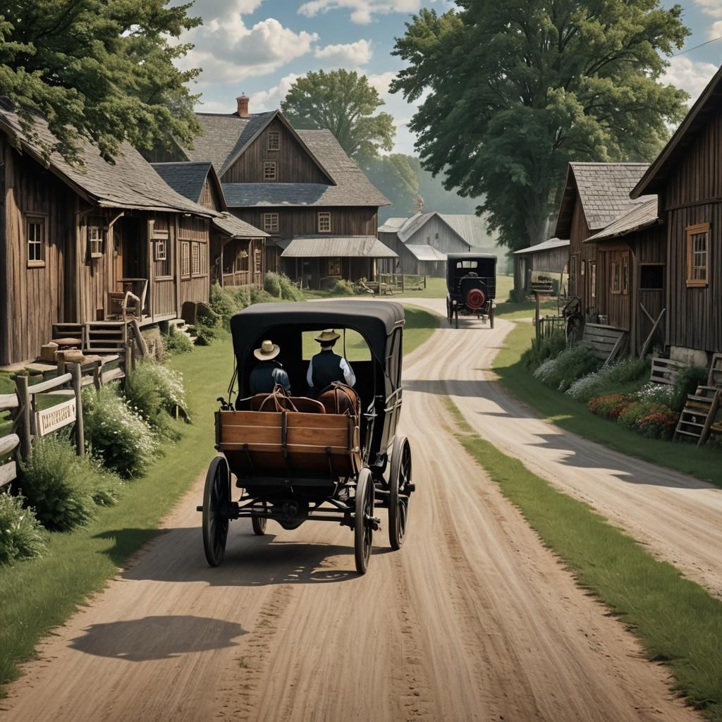 an Amish horse cart driving through a small village - AI Generated ...