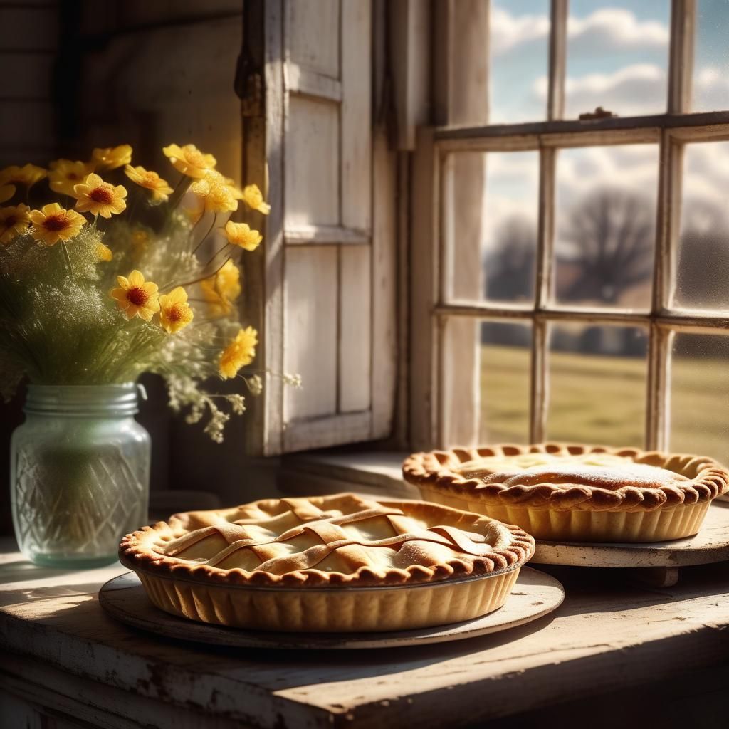 Springtime vintage display of two home made pies on old, deep farmhouse ...