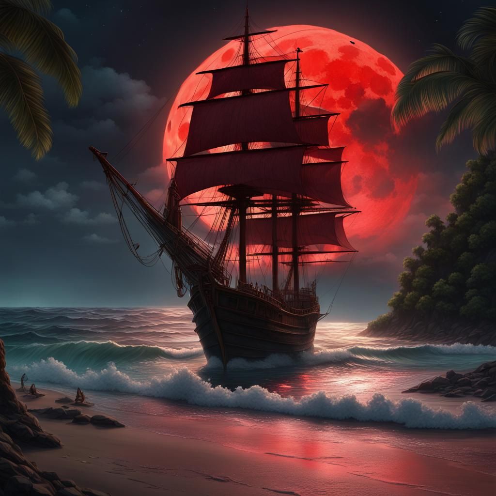 Crimson moon and pirate ship - AI Generated Artwork - NightCafe Creator