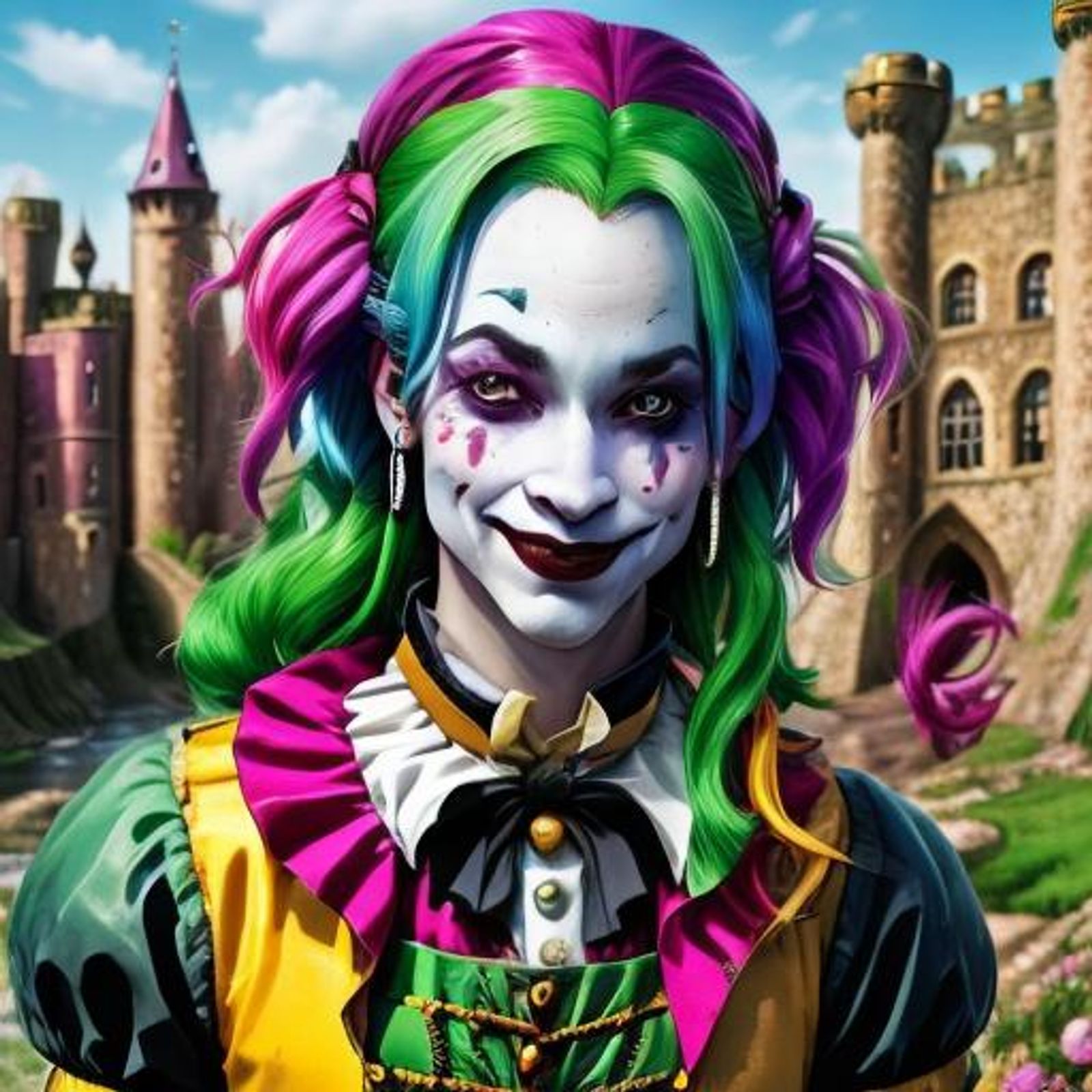 cartoon Jester::joyful::happy::on a sunny day ::colorful::near a ...